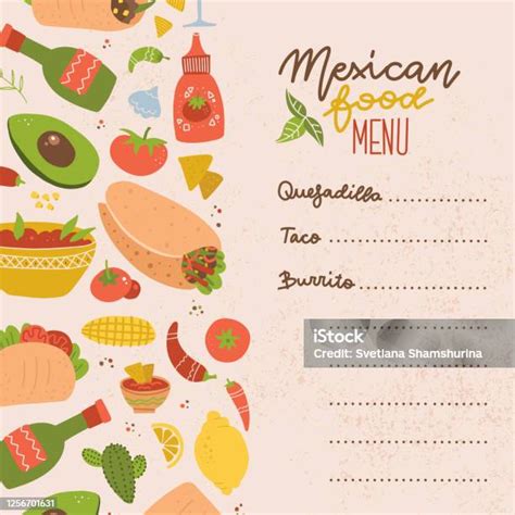 푸드 트럭 멕시코 음식 메뉴 부리토 타코 마가리타 레몬 선인장 토마토 다채로운 손으로 그린 멕시코 음식 요소의 세트 레스토랑 메뉴 배너 전단지 인쇄 디자인을 위한 손으로