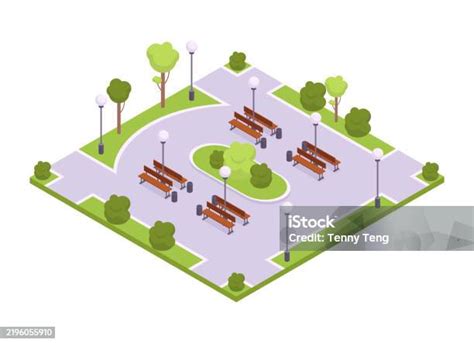 아이소 메트릭 공원 벤치와 나무가 있는 도시 도시 공원 현대 도시 정원 3d 벡터 일러스트 레이 션 도시 공원 환경 3차원