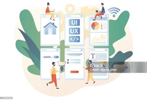웹 Uiux 디자인 페이지 모바일 앱 개발 응용 프로그램 디자인 코딩 웹 구축 개념 현대 플랫 만화 스타일 흰색 배경에 벡터