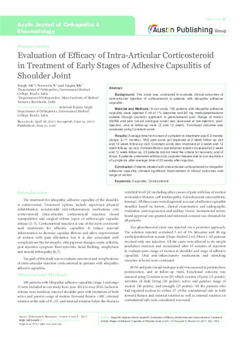 Pdf Evaluation Of Efficacy Of Intra Articular Corticosteroid In Treatment Of Early Stages Of