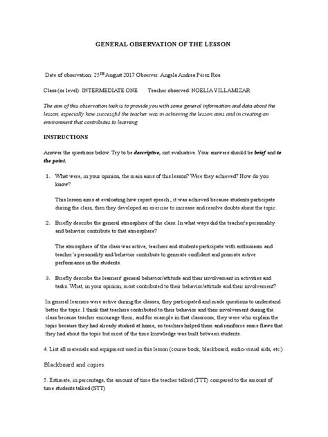 General Observation Of The Class Pdf Teachers Classroom