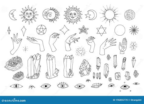 Hand Drawn Doodle Set Of Black Line Art In Boho Style Collection Of Witch Female Hands