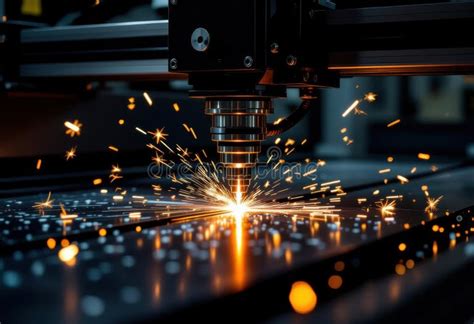 Laser Cutting Machine Creating Sparks During Metal Fabrication Process Stock Image Image Of