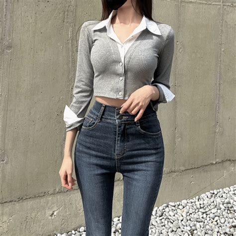 일체형 쫀득 카라 크롭 니트 셔츠 가디건 에이블리