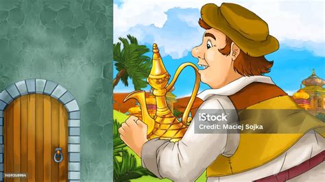 중세 아랍 왕국 왕자 또는 왕이 나무 문 입구 근처를 여행하는 만화 장면 극동 장식품 다른 사용법을위한 무대 어린이를위한 삽화 건축에 대한 스톡 벡터 아트 및 기타 이미지