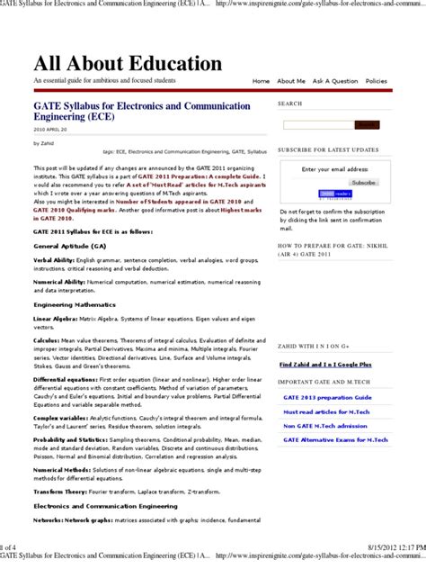 Gate Syllabus For Electronics And Communication Engineering Ece All About Education Pdf