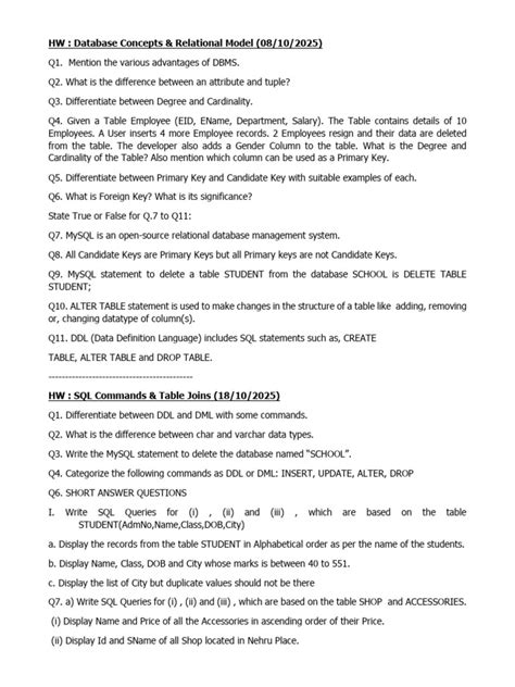 Hw Databse Concepts Rdbms Sql Commands And Table Joins Pdf Relational