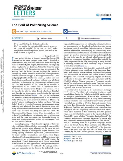 The Peril Of Politicizing Science By Anna I Krylov Pdf