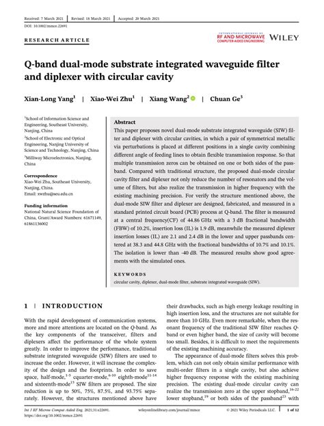 Q‐band Dual‐mode Substrate Integrated Waveguide Filter And Diplexer