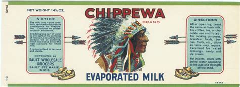 Can Label Vintage 1920s Chippewa Milk American Indian Michigan Moccasin