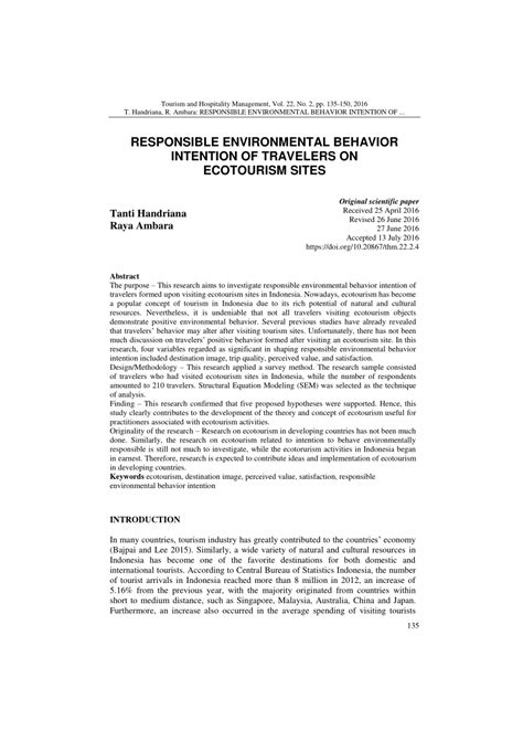 Pdf Responsible Environmental Behavior Intention Of Travelers On Ecotourism Sites