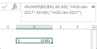 SUMIFS Date Range Sum Values Between Two Dates Array
