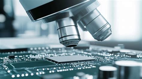 Close Up View Of A Microscope Analyzing A Printed Circuit Board In A