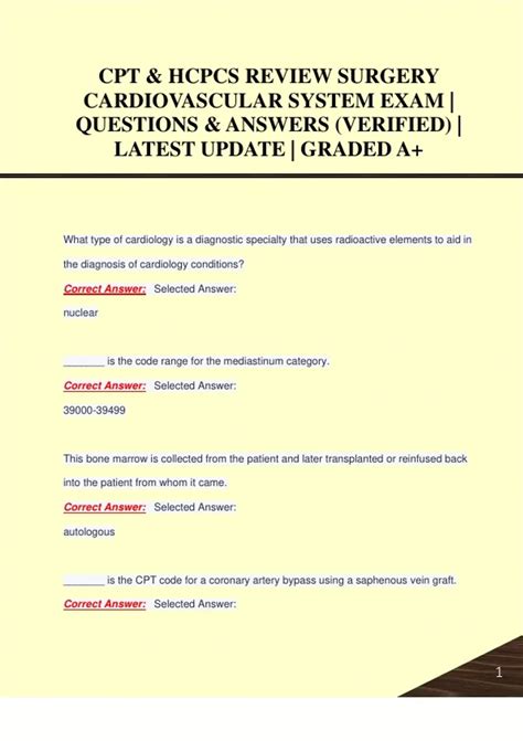 Cpt And Hcpcs Review Surgery Cardiovascular System Exam Questions And Answers Verified Latest