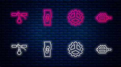 다리에 라인 석고 자전거 스프로킷 크랭크 핸들 바 및 페달을 설정합니다 벽돌 벽에 빛나는 네온 아이콘입니다 벡터 강철에 대한