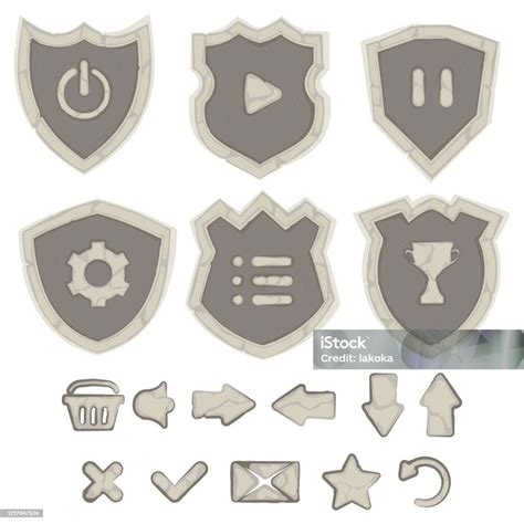 돌 메뉴는 게임에 대한 방패 Ui 게임에 대한 만화 돌 아이콘 돌 버튼 흰색 배경에서 격리된 벡터 이미지 집합입니다 돌 건축자재에 대한 스톡 벡터 아트 및 기타 이미지