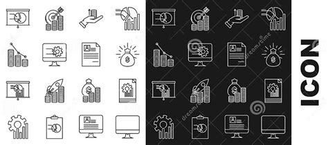 Set Line Computer Monitor Screen Document With Graph Chart Money Bag