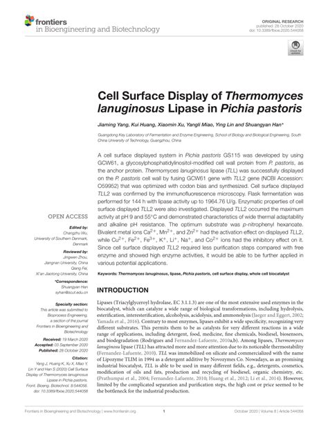 Pdf Cell Surface Display Of Thermomyces Lanuginosus Lipase In Pichia
