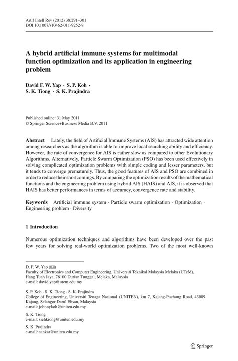 Pdf A Hybrid Artificial Immune Systems For Multimodal Function