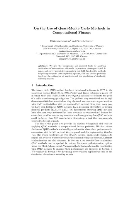 Pdf On The Use Of Quasi Monte Carlo Methods In Computational Finance