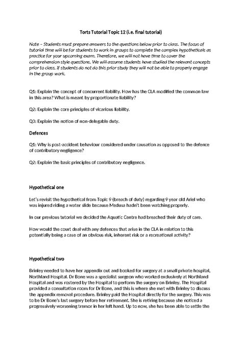 topic 12 week 13 torts tutorial torts tutorial topic 12 i final