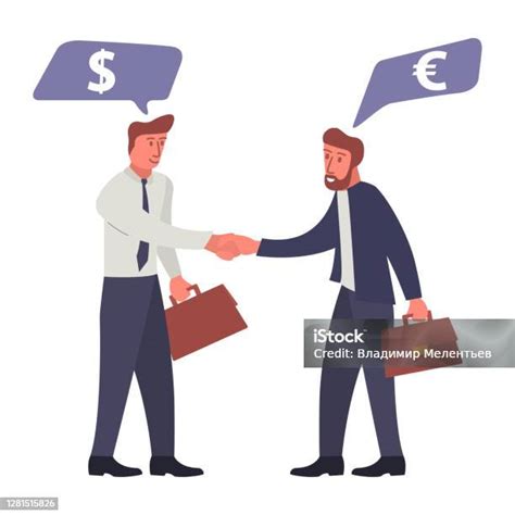 성공적인 비즈니스 거래 비즈니스 협상 B2b 달러와 유로 기호와 연설 거품 서류 가방과 셔츠와 넥타이만화 캐릭터 개념에 대한