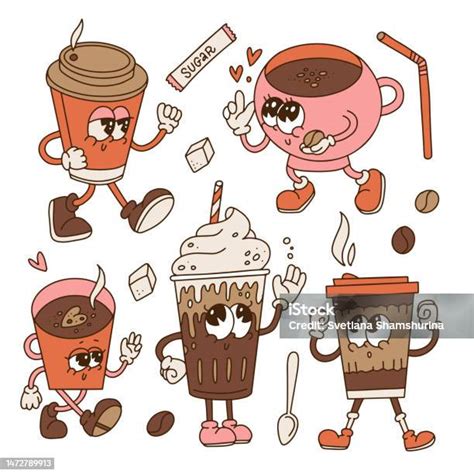 손으로 그린 복고풍 만화 디자인 트렌디 한 커피 컵 캐릭터 세트 종이컵과 머그잔 마스코트 요소 컬렉션 7080년대 그루비 등고선 벡터 삽화 커피 마실 것에 대한 스톡 벡터