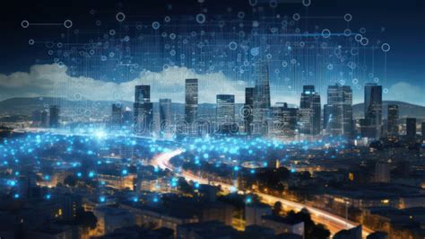High Tech Urban Landscape Illuminated By 5g Neural Communication Network Stock Illustration