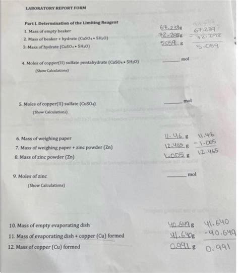 Solved Part 1 Determination Of The Limiting Reagent 1 Mass