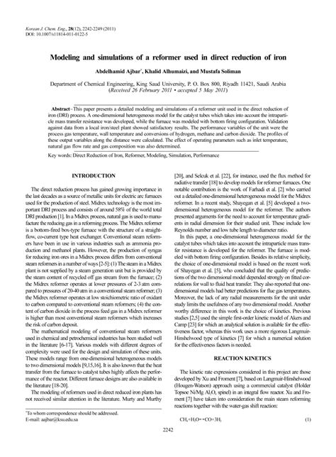 Pdf Modeling And Simulations Of A Reformer Used In Direct Reduction Of Iron