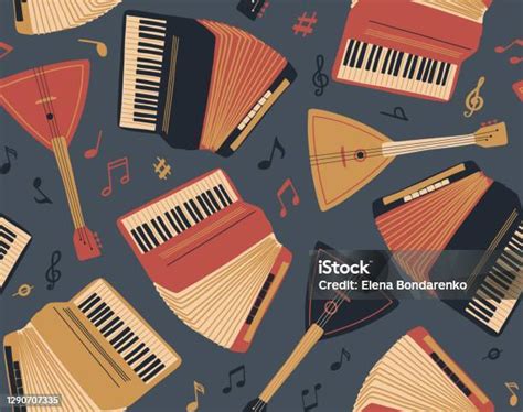 아코디언 기타 발라이카 악보가 있는 매끄러운 패턴 국제 음악의 날 벡터 악기 세트 프리핸드 낙서 요소 그리기에 대한 스톡 벡터 아트 및 기타 이미지 Istock