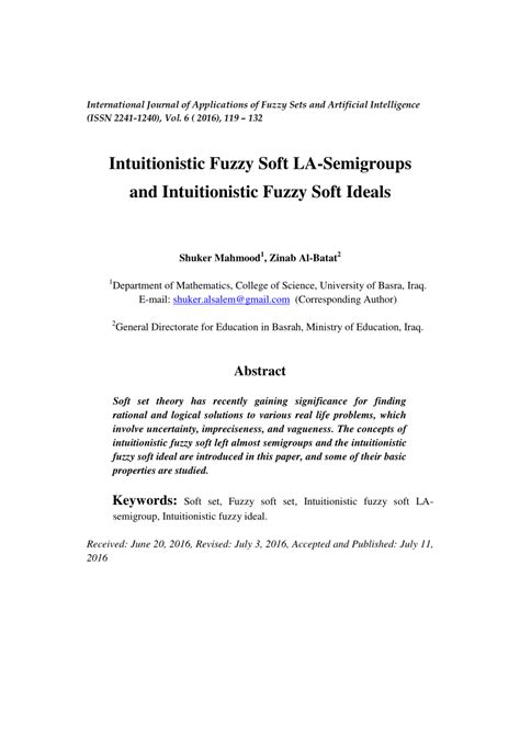 Pdf Intuitionistic Fuzzy Soft La Semigroups And Intuitionistic Fuzzy