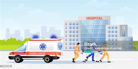 구급차에서 들것에 환자를 운반하는 구급차와 간호사 벡터 그림입니다 응급 의학 개념 들것에 대한 스톡 벡터 아트 및 기타 이미지 들것 사람들 간호사 Istock