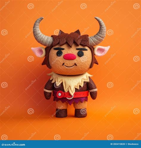 Cute 3d Felt Minotaur Toy Warrior On Solid Background Royalty Free