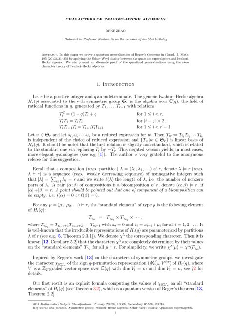 Pdf Characters Of Iwahori Hecke Algebras