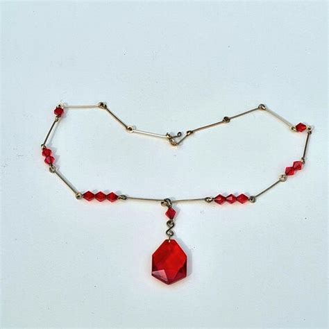 Victorian Czech Red Glass Necklace Gold Filled Ruby Gem