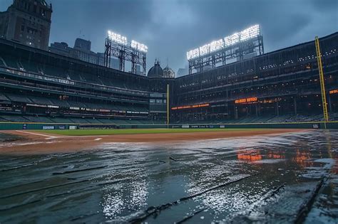 雨水浸泡的棒球場在夜晚的球場燈光反射在水池中 Premium Ai Generated Image