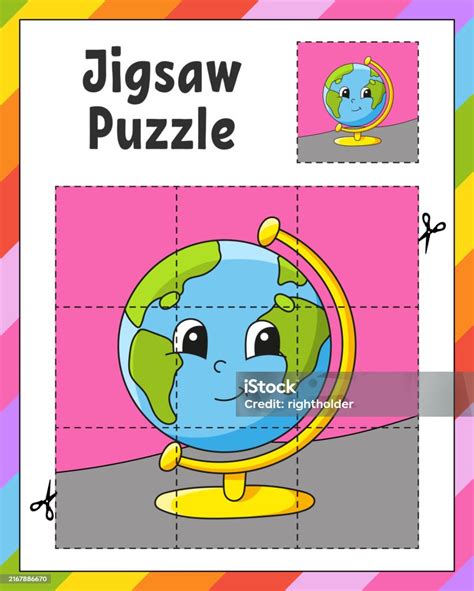 직소 퍼즐 자르고 재생하세요 사각형 퍼즐 아이들을 위한 논리 게임 활동 페이지 유치원을 위한 절단 연습 만화 캐릭터 벡터 일러스트 레이 션 0명에 대한 스톡 벡터 아트 및