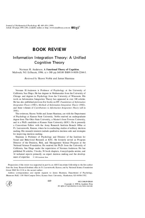 Pdf Information Integration Theory A Unified Cognitive Theory Review Of A Functional Theory