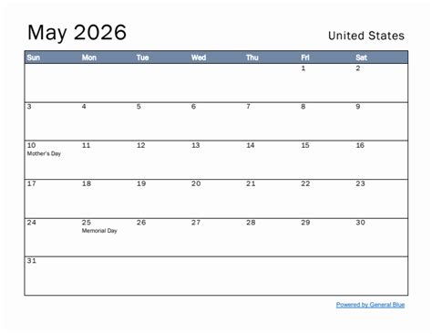 May 2026 Monthly Calendar With United States Holidays