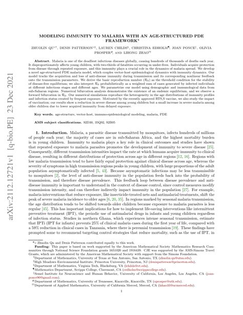 Pdf Modeling Immunity To Malaria With An Age Structured Pde Framework