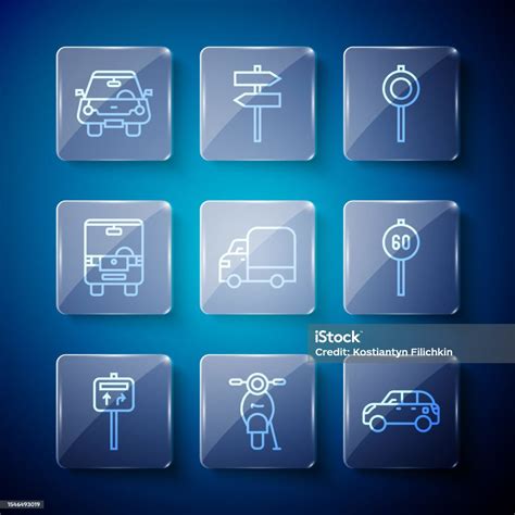 라인 도로 교통 표지판 스쿠터 해치백 자동차 배달화물 트럭 버스 자동차 및 속도 제한 아이콘을 설정합니다 벡터 거리에 대한 스톡
