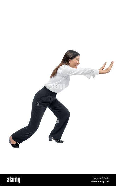 Asian Businesswoman Pushing Something Isolated Over White Background