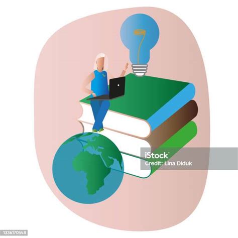 전구 근처의 책에 앉아 노트북을 가진 여자의 벡터 이미지 아이디어 사이트 및 응용 프로그램의 설계를 위해 Brand Name Online Messaging Platform에