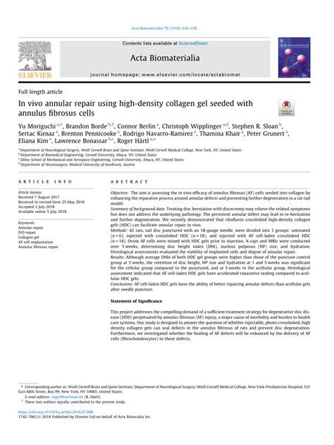 Pdf In Vivo Annular Repair Using High Density Collagen Gel Seeded With Annulus Fibrosus Cells