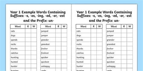 Year Example Suffix And Prefix Words Assessment Twinkl