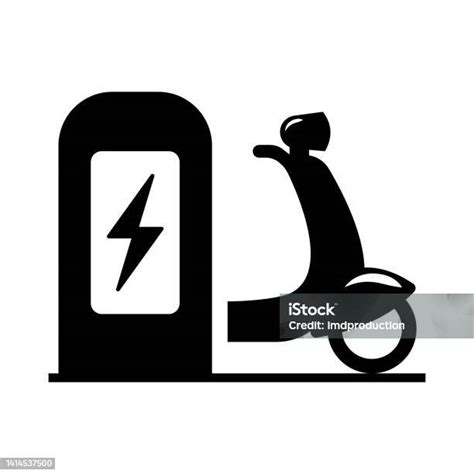 전기 스쿠터 및 충전 스테이션 아이콘입니다 오토바이와 충전소 벡터 일러스트 레이 션 배터리 전원에 대한 스톡 벡터 아트 및 기타