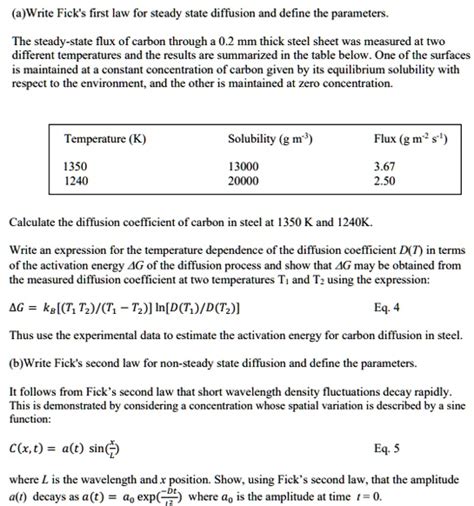solved write fick s first law for steady state diffusion and define