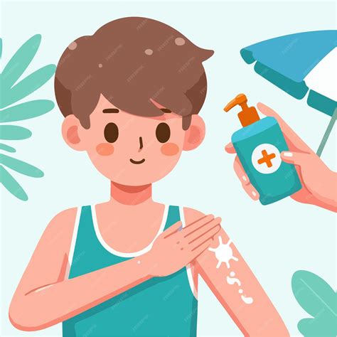 Cartoon Boy Wearing Swimsuit Applying Sunscreen On Her Arms Premium