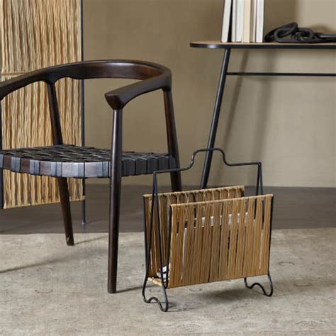 Light Brown Plastic Rattan Handmade Single Slot Magazine Holder With Black Stand 16 X 8 X 20